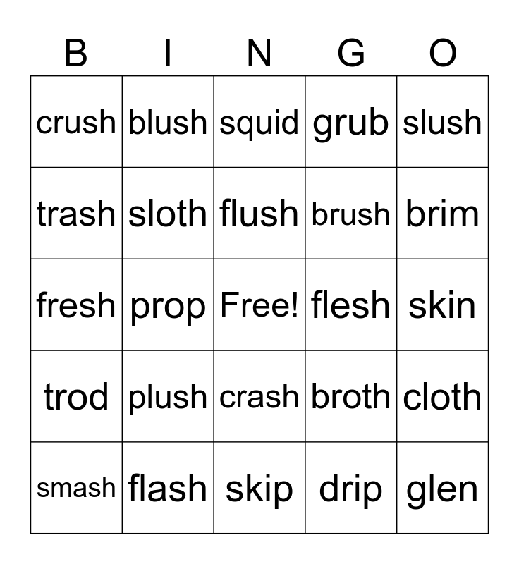 Initial Consonant Blends with Digraph Ending Bingo Card