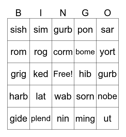 Nonsense Word BINGO Card