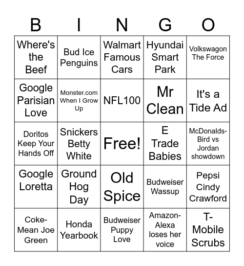 Super Bowl Commercial Bingo Card