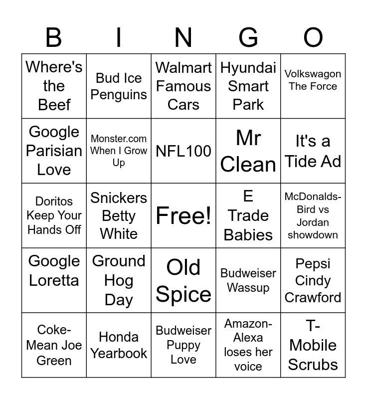 Super Bowl Commercial Bingo Card