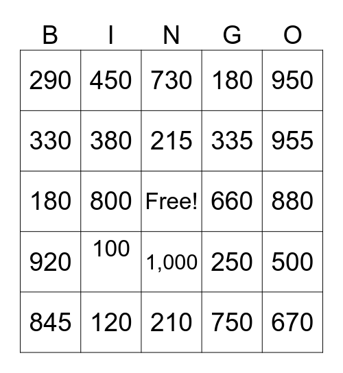 100-1,000 Bingo Card