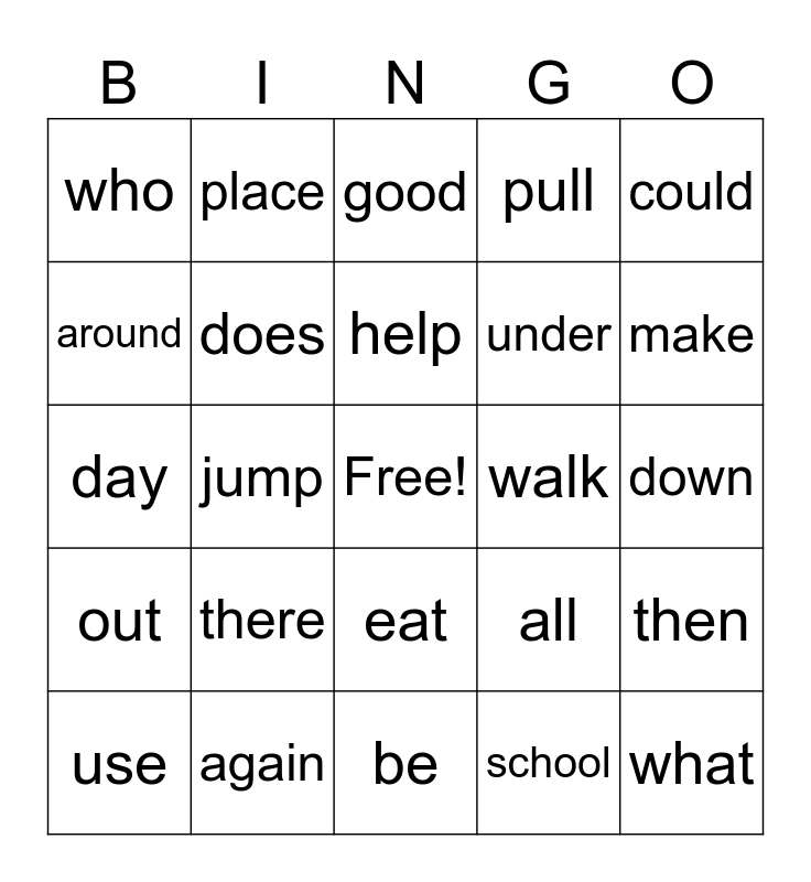 U1 sight words Bingo Card