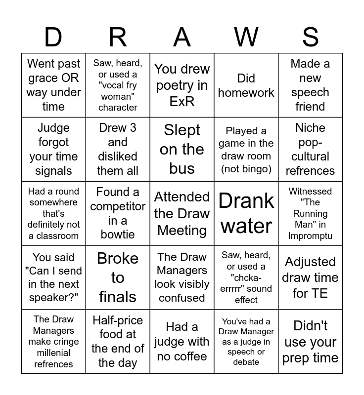STMA Draw Room Bingo Card