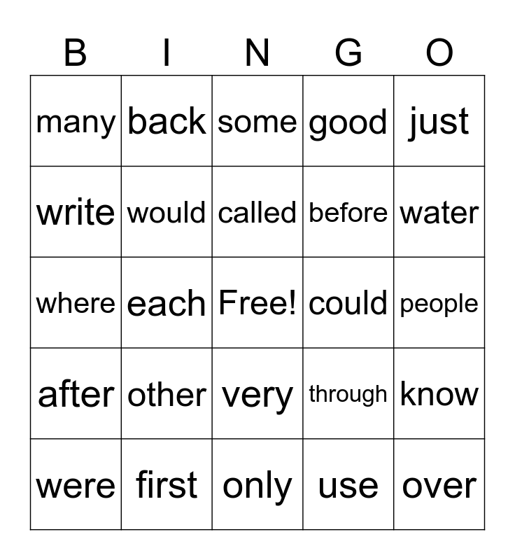Power Words Bingo Card