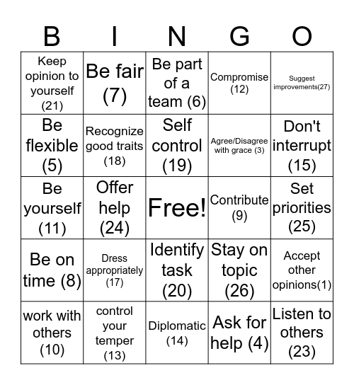 Cooperation Bingo Card