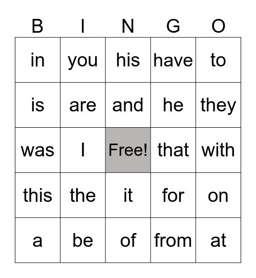 Sight Words Level I (Words 1-25) Bingo Card