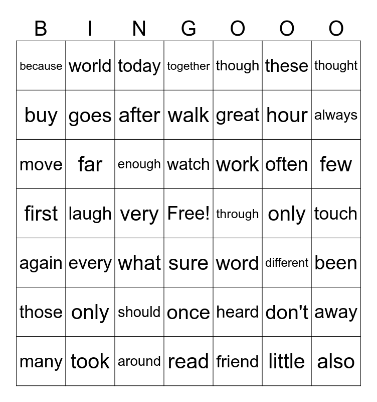 2nd Red Words Bingo Card