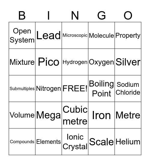 A Universe of Matter and Energy Bingo Card