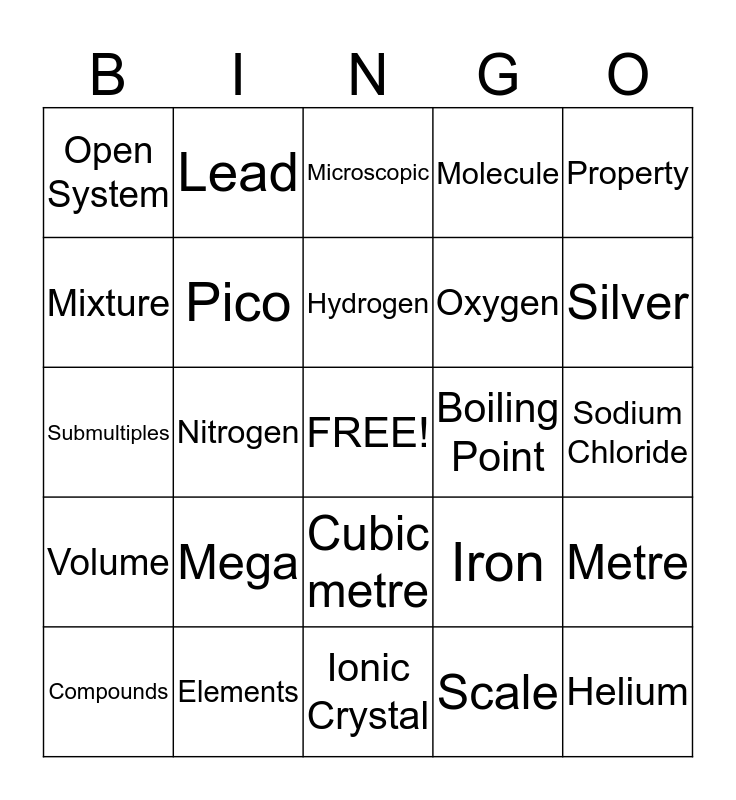 A Universe of Matter and Energy Bingo Card