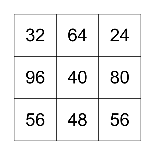 8 Times Table Bingo Card