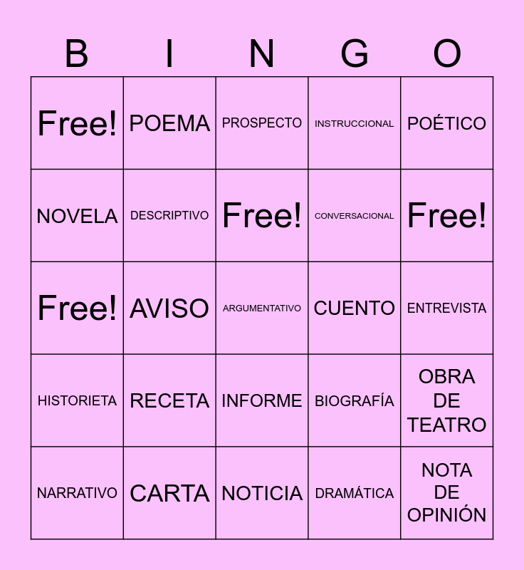 BINGO DE LOS TEXTOS Bingo Card