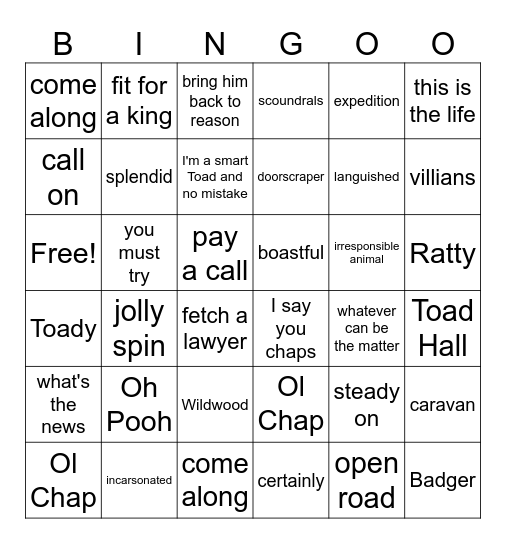 Wind In The Willows Bingo Card