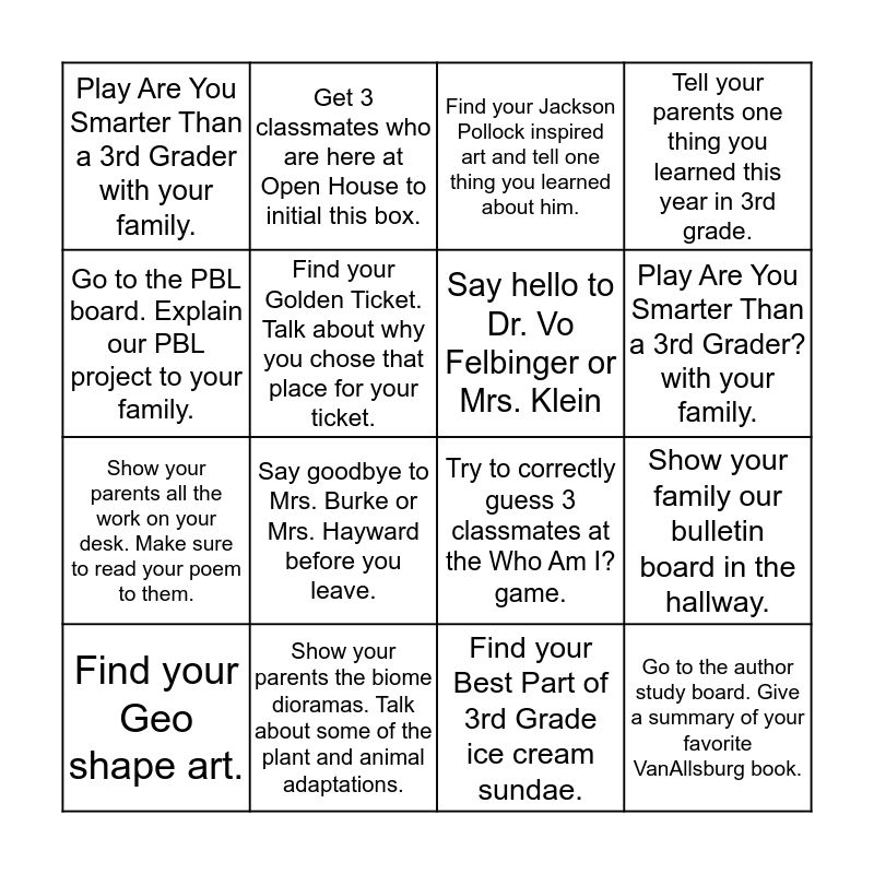 Open House BINGO Card