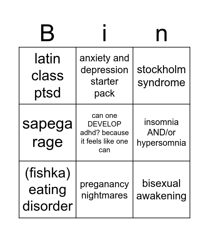 gup mental disorder bingo Card
