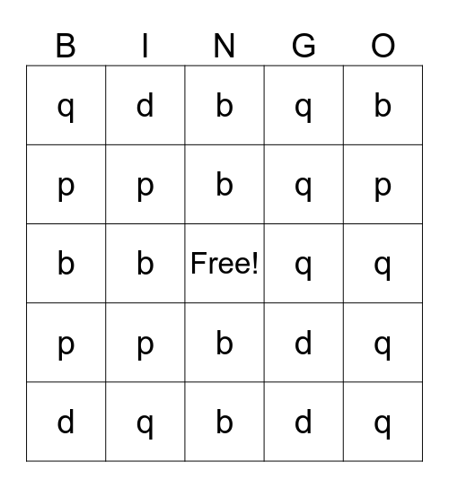 Letter Reversal Bingo Game Bingo Card