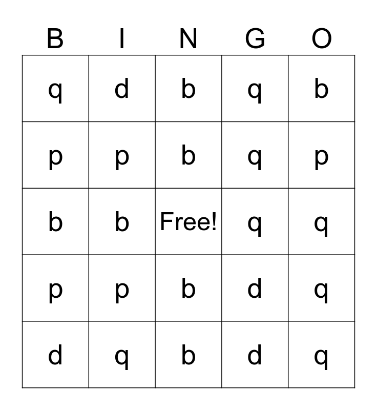 Letter Reversal Bingo Game Bingo Card
