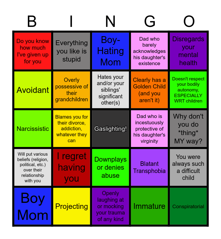 r/InsaneParents Bingo Card
