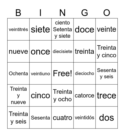 Spanish Numbers Bingo Card