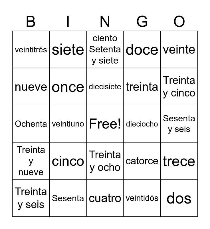 Spanish Numbers Bingo Card