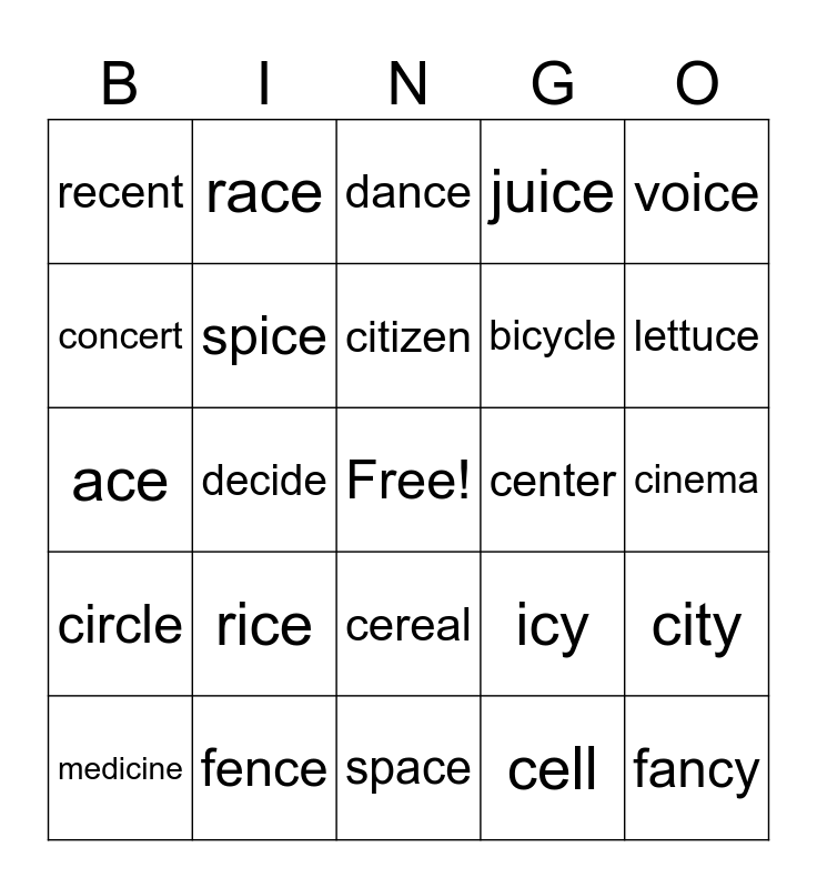 Words with Soft C Bingo Card