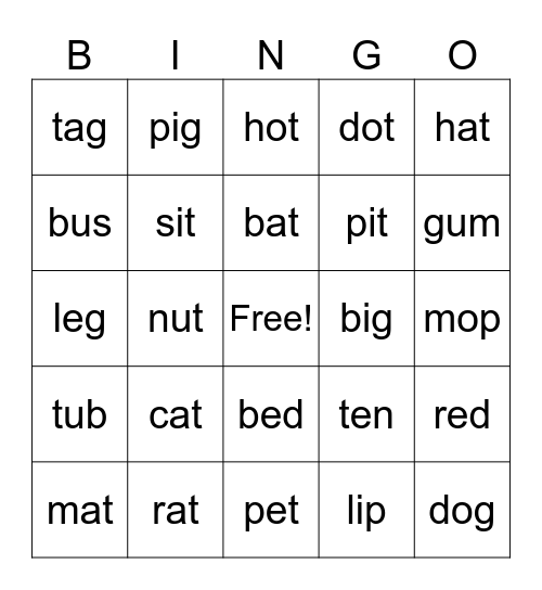 CVC Words Bingo Card