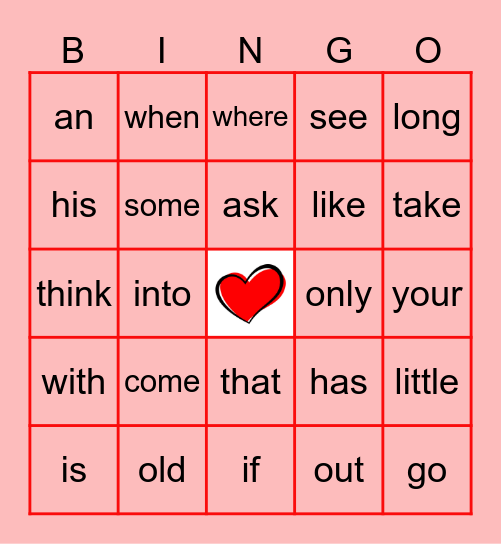Heart Word BINGO- Gr. 1 Bingo Card