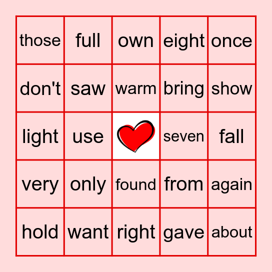 Heart Word BINGO- Gr. 2 Bingo Card