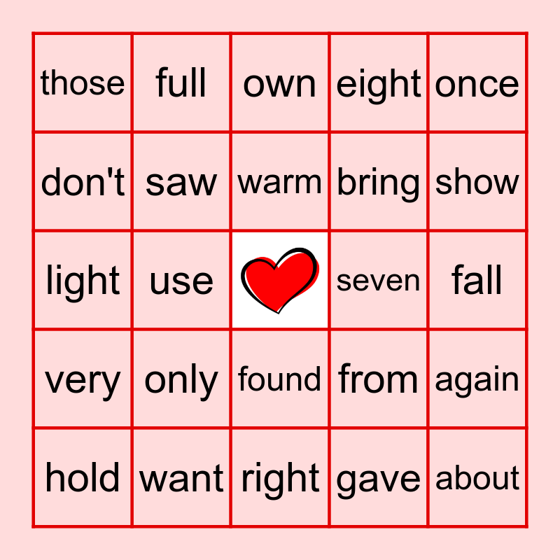 Heart Word BINGO- Gr. 2 Bingo Card