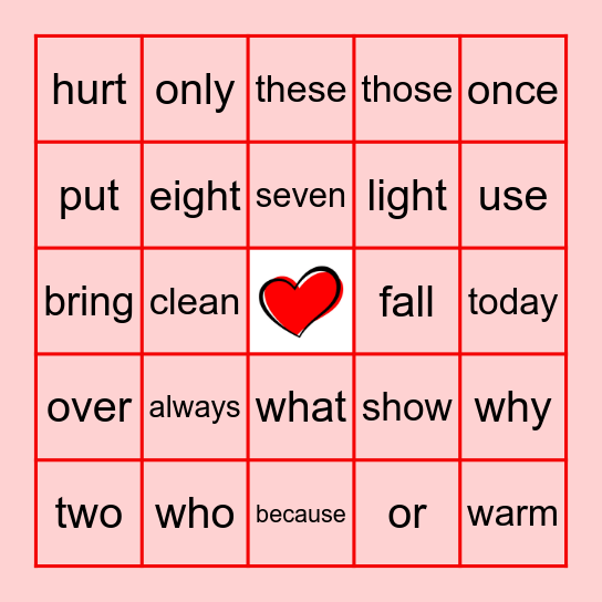 Heart Word BINGO- Gr. 3 Bingo Card