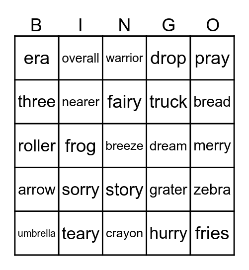 R words medial Bingo Card