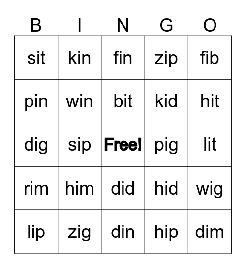 CVC Short i Bingo Card