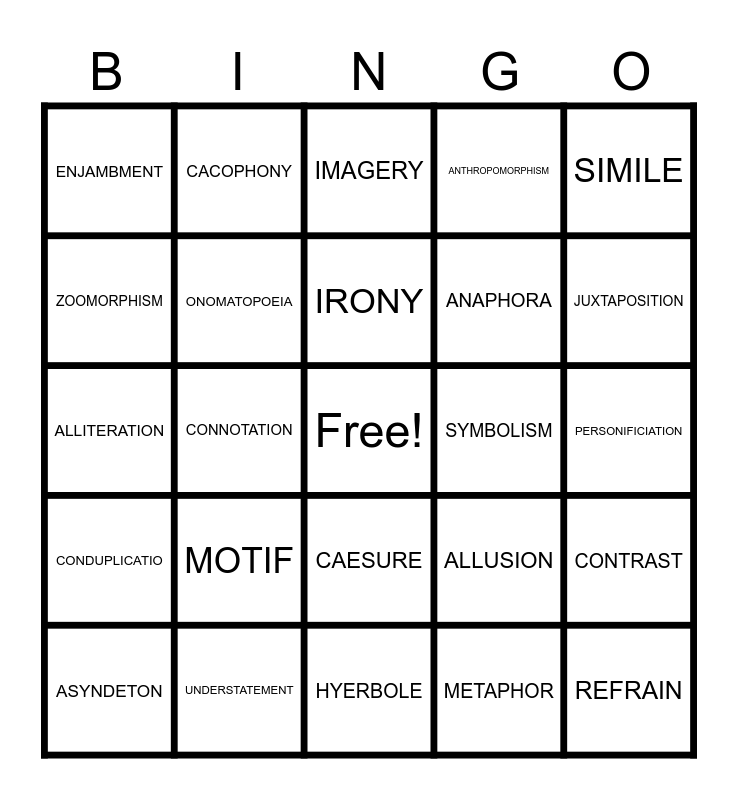 Literary Devices Bingo Card