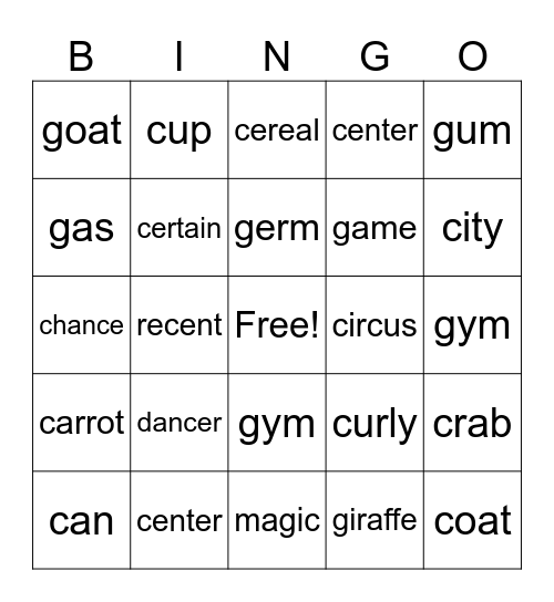 Hard/Soft G & C Bingo Card