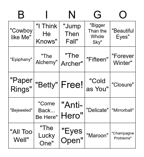 Taylor Swift Songs Bingo Card
