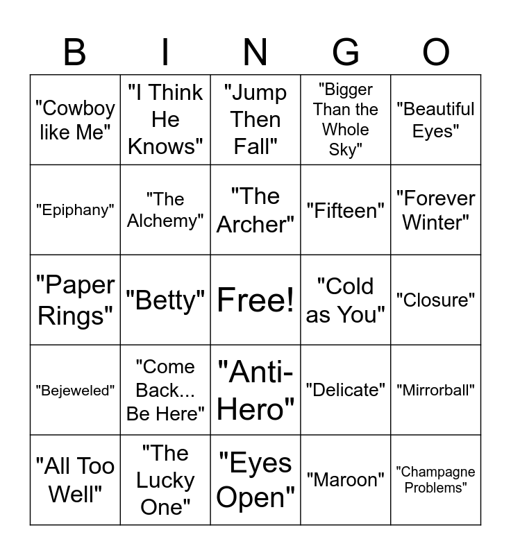 Taylor Swift Songs Bingo Card