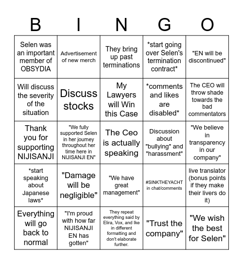 NIJISANJI Riku Tazumi Statement Bingo Card