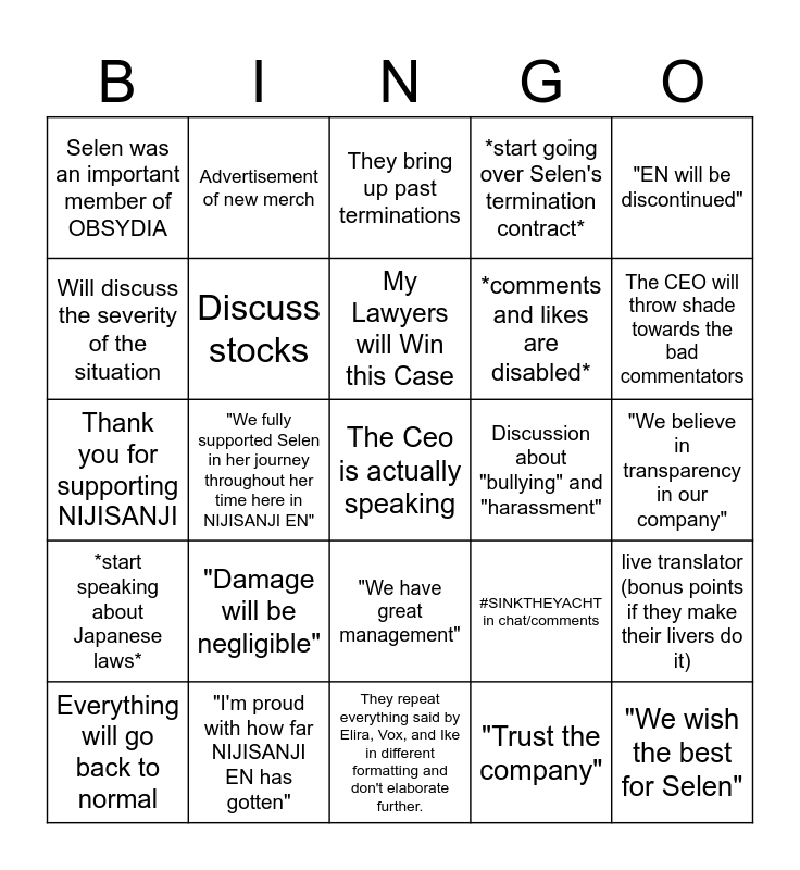 NIJISANJI Riku Tazumi Statement Bingo Card