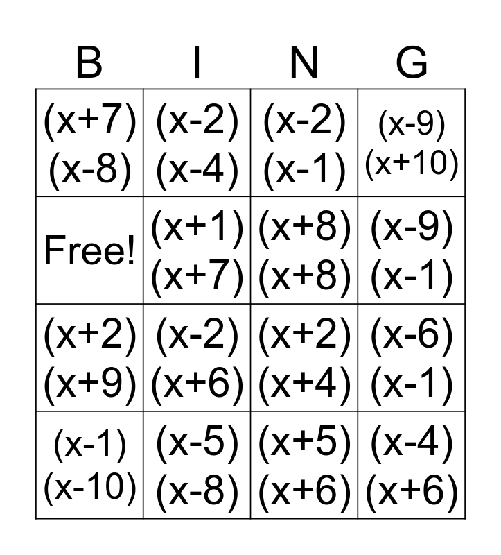 Trinomial Bingo a=1 Bingo Card