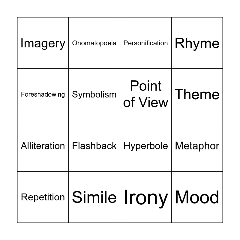 Literary Devices Bingo Card