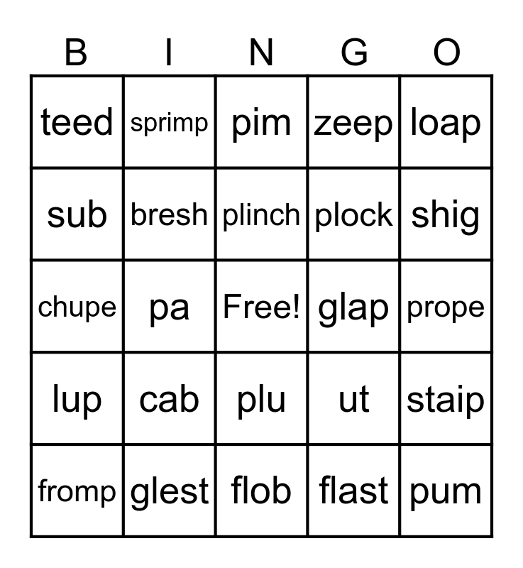 Closed Syllables Bingo Card