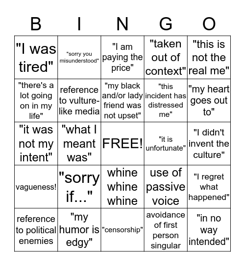 BAD APOLOGY BINGO! Bingo Card