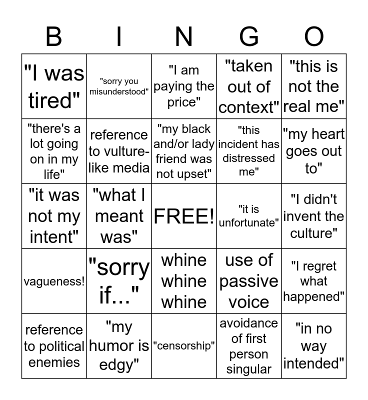 BAD APOLOGY BINGO! Bingo Card