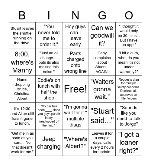 Service Drive Bingo Card