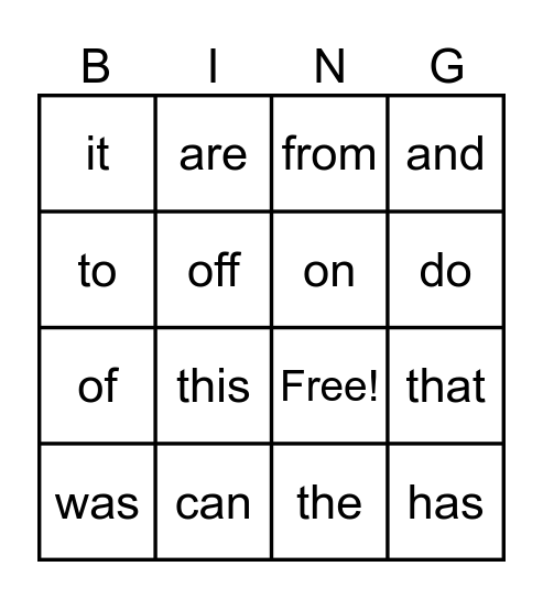 Sight Words Set #1 Bingo Card