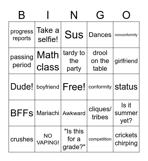 Middle School Bingo Card