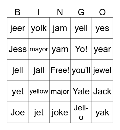J and Y Bingo Card