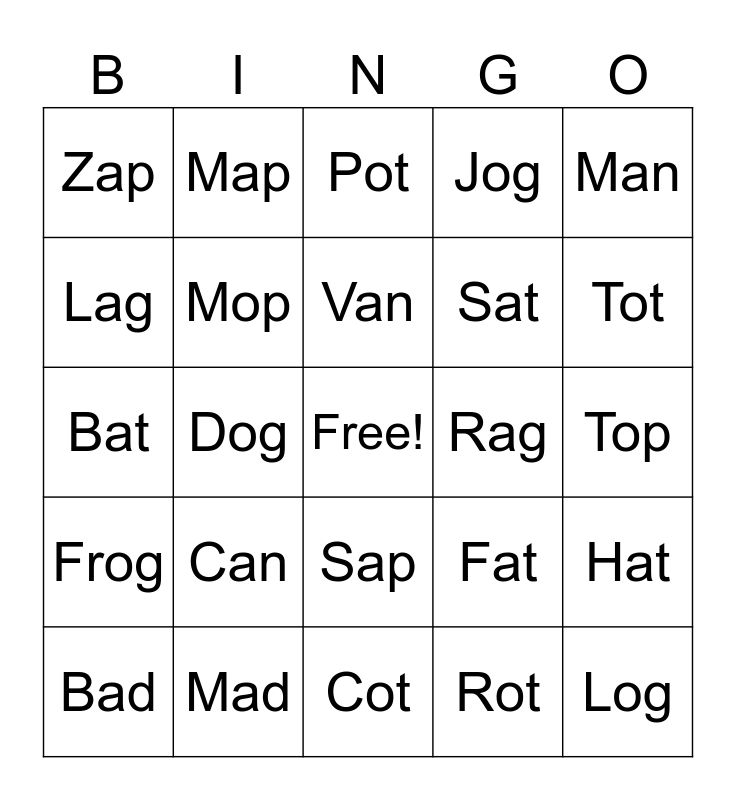 Word Family Bingo Card