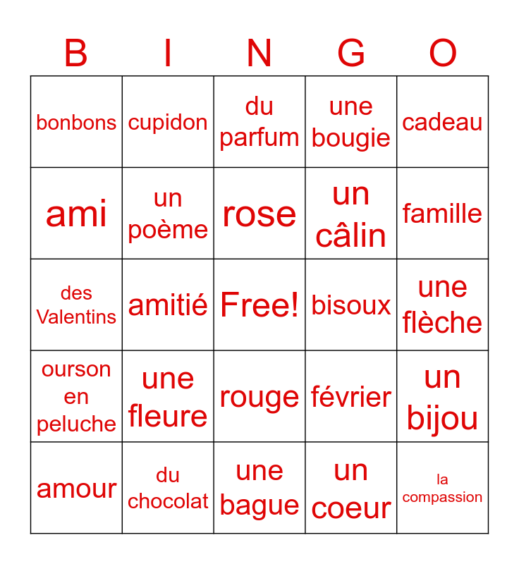 La Saint-Valentin Bingo Card