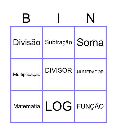 BINGO DA MATEMATICA Bingo Card