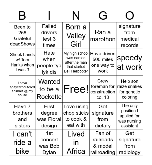 Co-Worker Tid-Bits Bingo Card